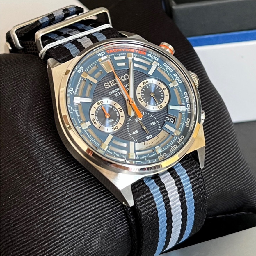 SEIKO SSB409P1 Chronograph Tachymeter Blue Dial Cloth Strap in Black ...
