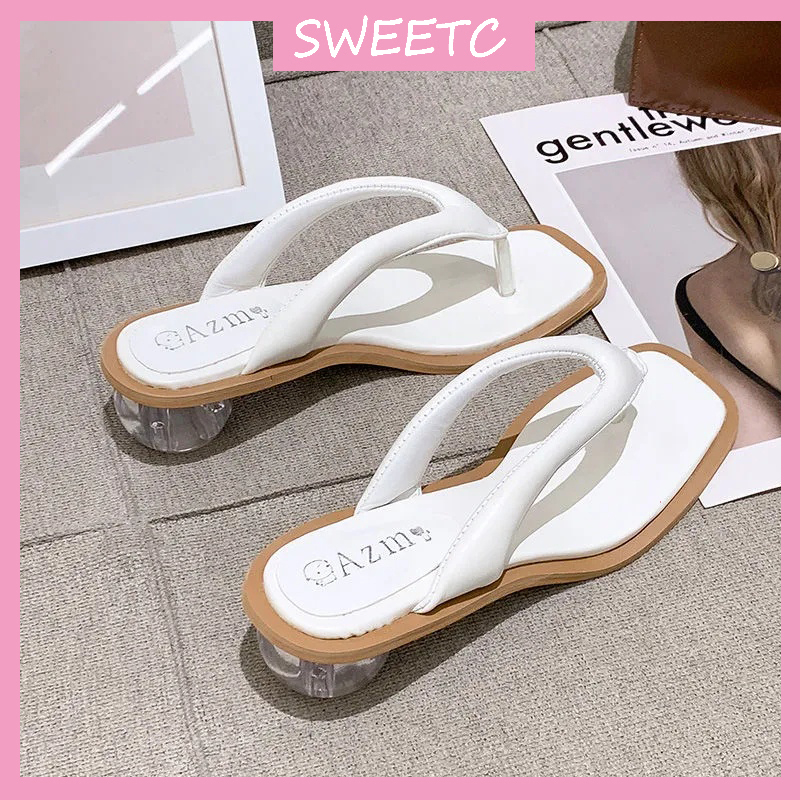 SWEETC Shoes for Women Outdoor Fashion Square Toe Thong Crystal Heel ...