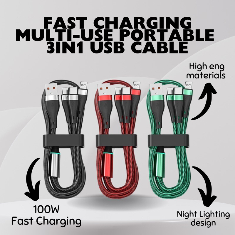 Fast Charging Multi-use Portable 3in1 USB Cable 100W for Iphone Android ...