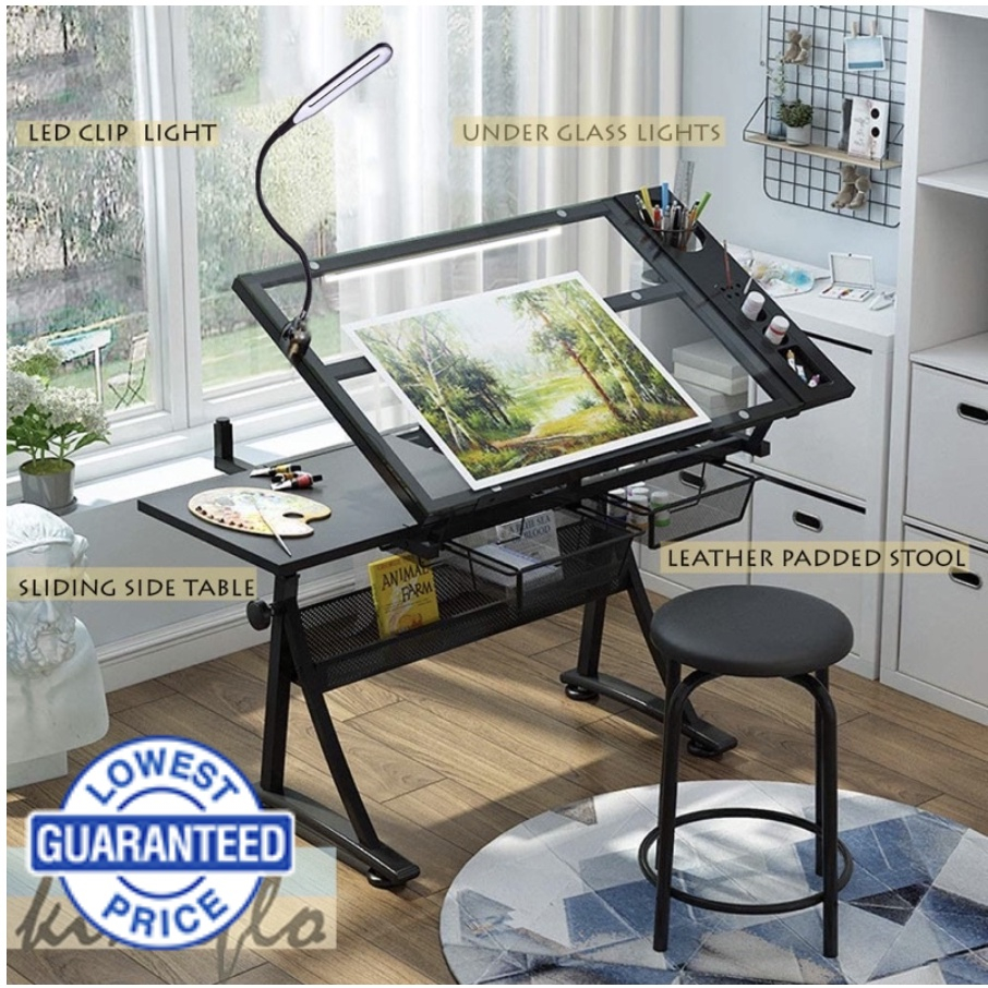 Drafting glass table drawing table with extra side table drawers and ...