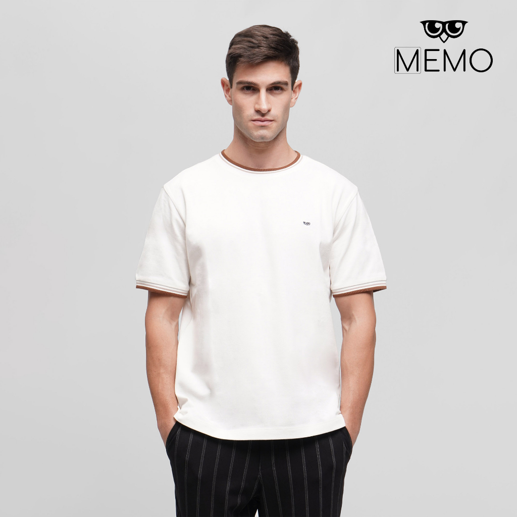 Memo Pique T-Shirt With Contrast Ribbing For Men (Off White) | Shopee ...
