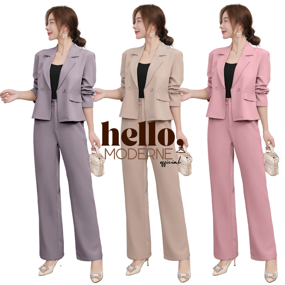 Hello Moderne Terno Set S-L Semi Crop Style Plain 2 Buttons Women Long ...