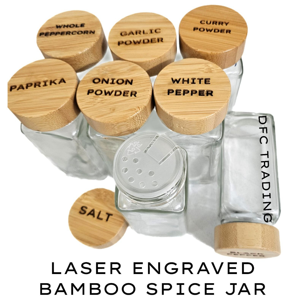 Laser engraved SET Spice Organizer Wood Glass Jar square Bottle Bamboo ...