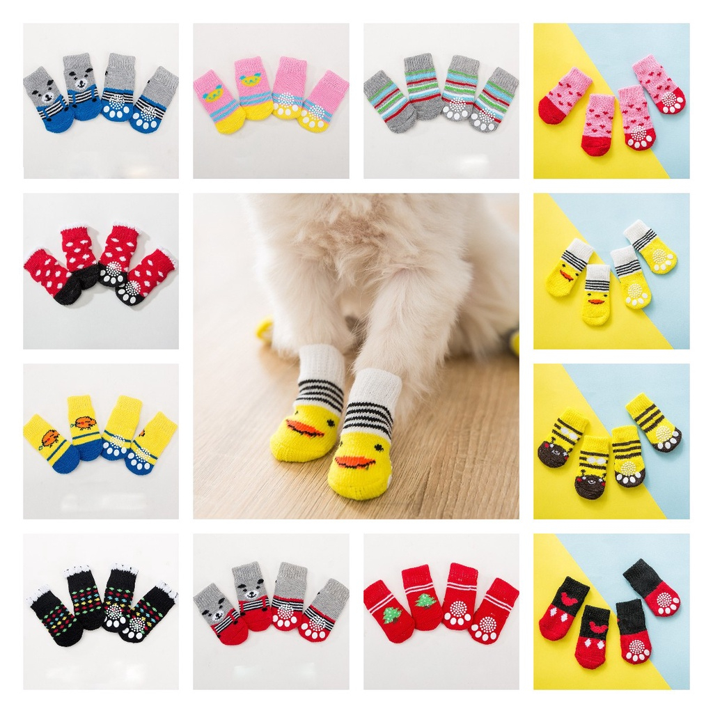 4Pcs /Set Cute Pet Dog Socks with Print Paw Protector Products Anti ...