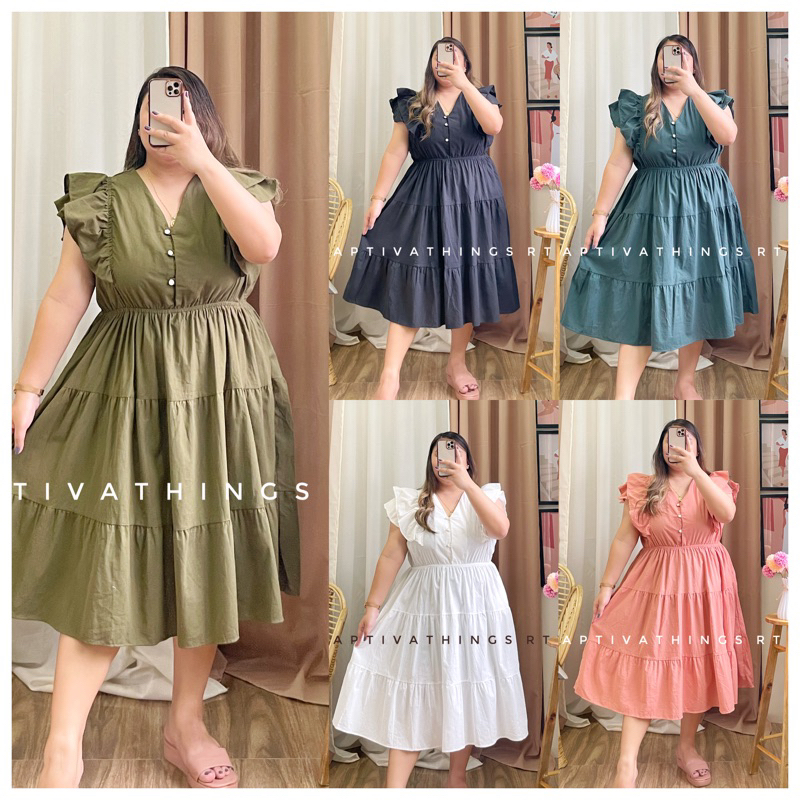 PLUS SIZE XL-3XL Sophia Button Midi Dress Vneck Ruffles Sleeve Pockets ...