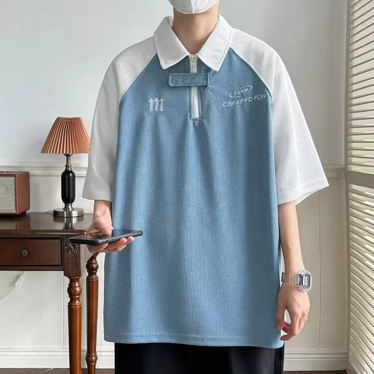 loose grey waffle tshirt short sleeve shirt Korean aesthetic polo for ...