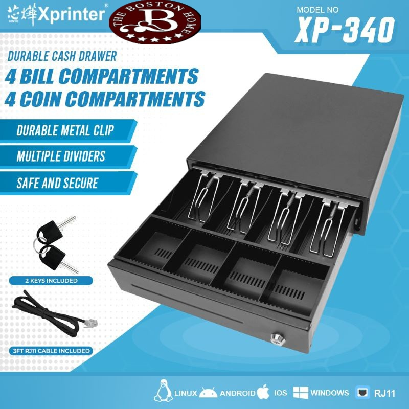 BOSTONHOME XP-340 Heavy Duty Cash Drawer Manual and Automatic POS System 4 Bills, 4 Coins box ...