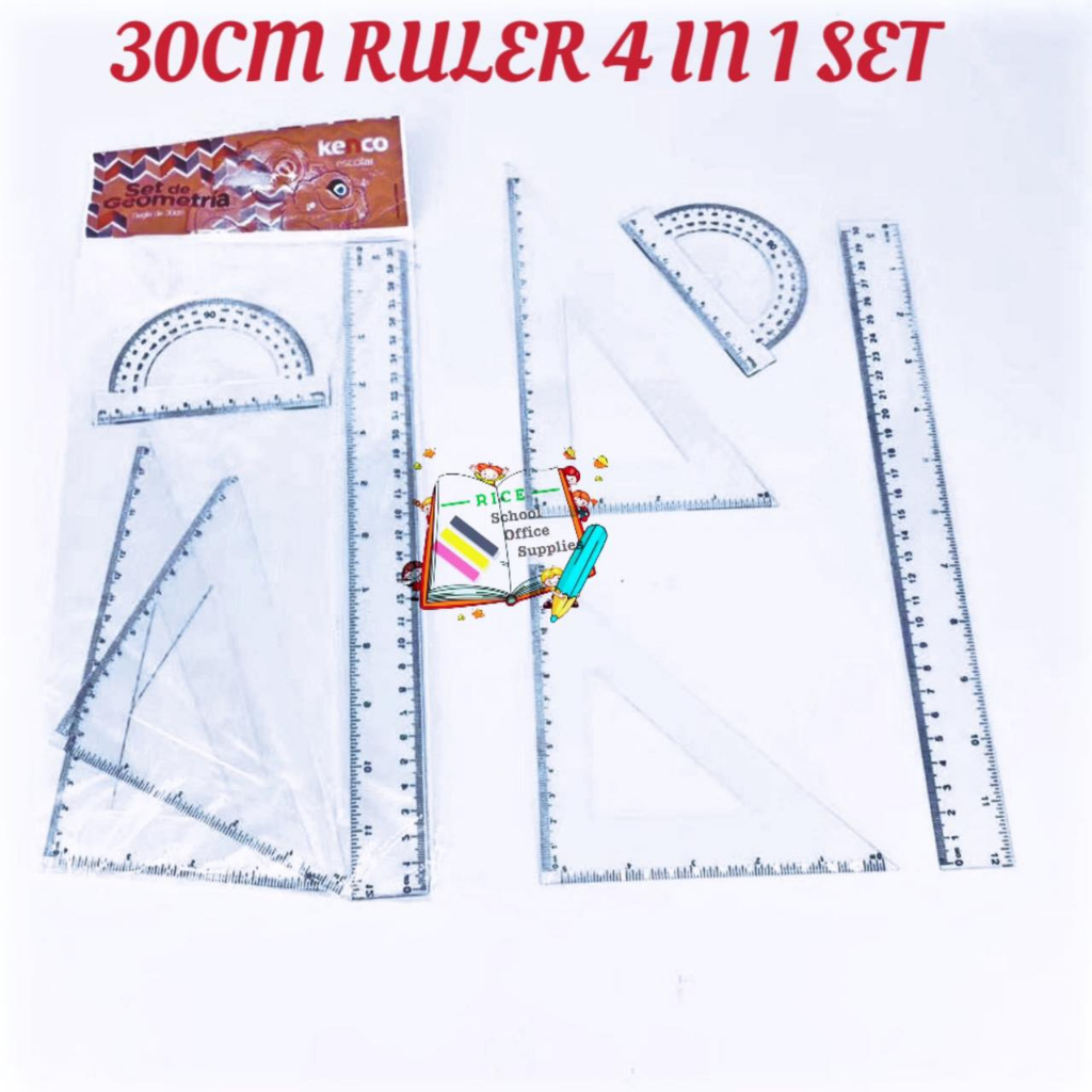 30CM Ruler 4 IN 1 SET Transparent Drawing Set Ruler Student Set ...