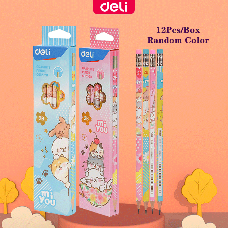 Deli 12Pcs/Set 2B Graphite Pencil Hexagonal Pencil With Eraser School ...