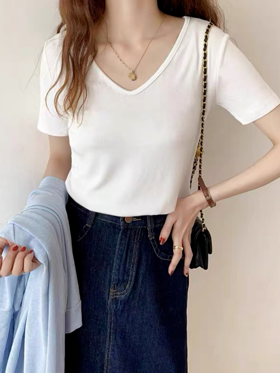 Angelcity Basic T Shirt V Neck Full Length Short Sleeve Tee Tops ...