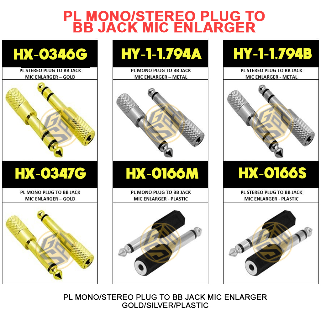 PL MONO/STEREO PLUG TO BB JACK MIC ENLARGER (GOLD/SILVER/PLASTIC ...