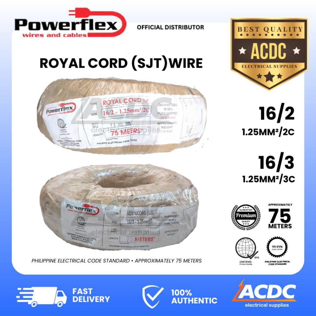 16/2, 16/3 (1.25mm2) Royal Cord Powerflex Wire 75Meters 2C , 3C ...
