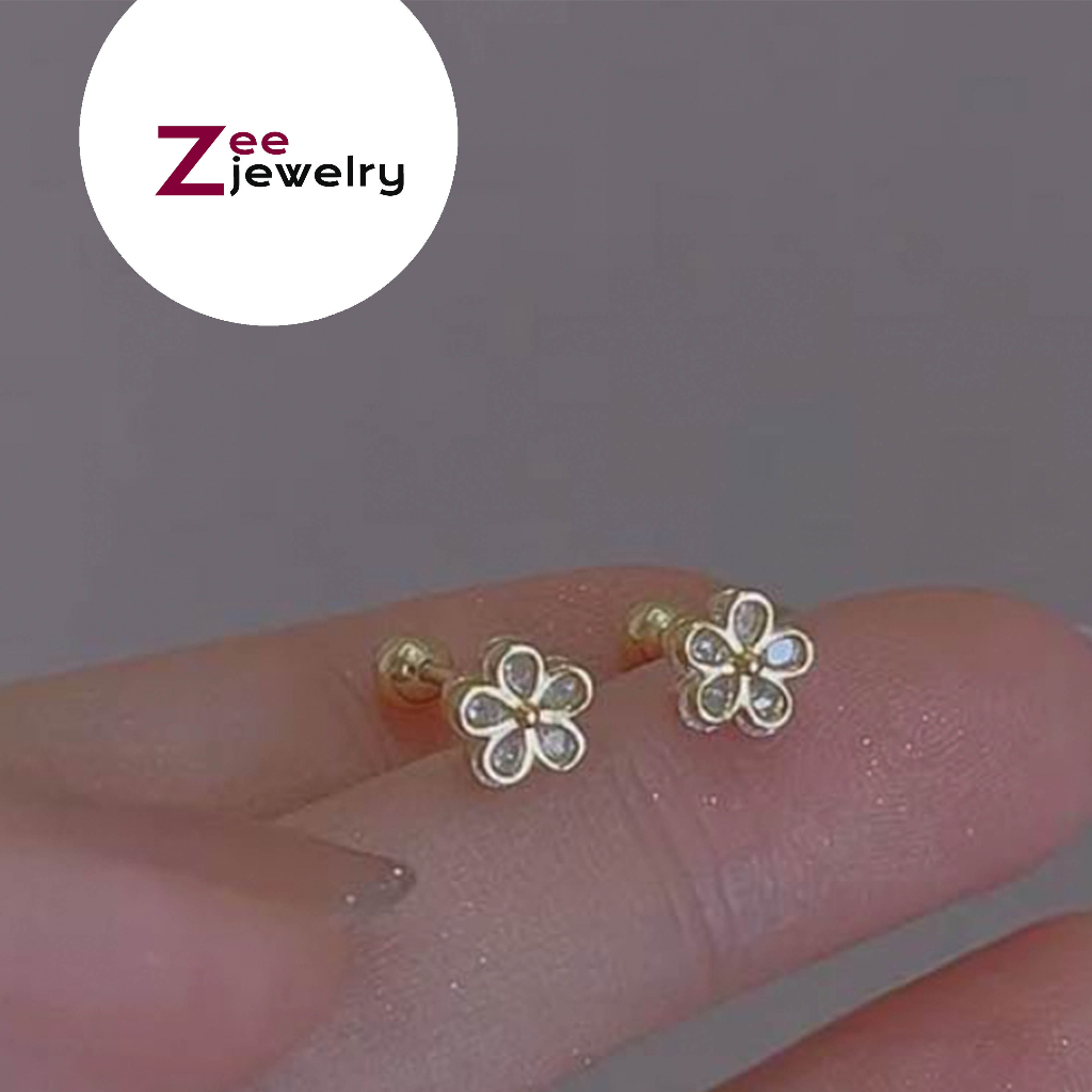 Zee Jasmine Flower Crystal White De roscas/ Screw lock Earring ...