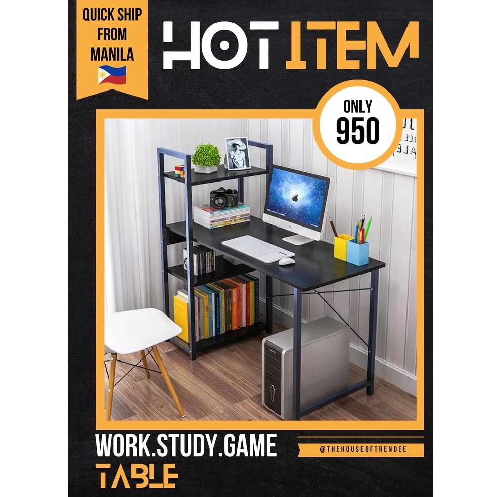 Modern Computer Table with 4 Layer Bookshelf Study Office Laptop Desk ...