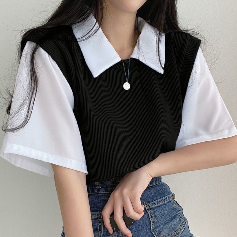 【Ready stock】Women's Plus Size Polo Shirt Casual Polos Neck Fake Two ...
