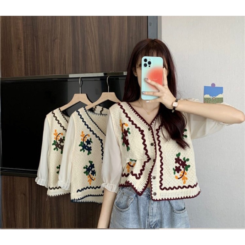 Korean Crochet Floral Top w/ Mesh Sleeve #2300 | Shopee Philippines