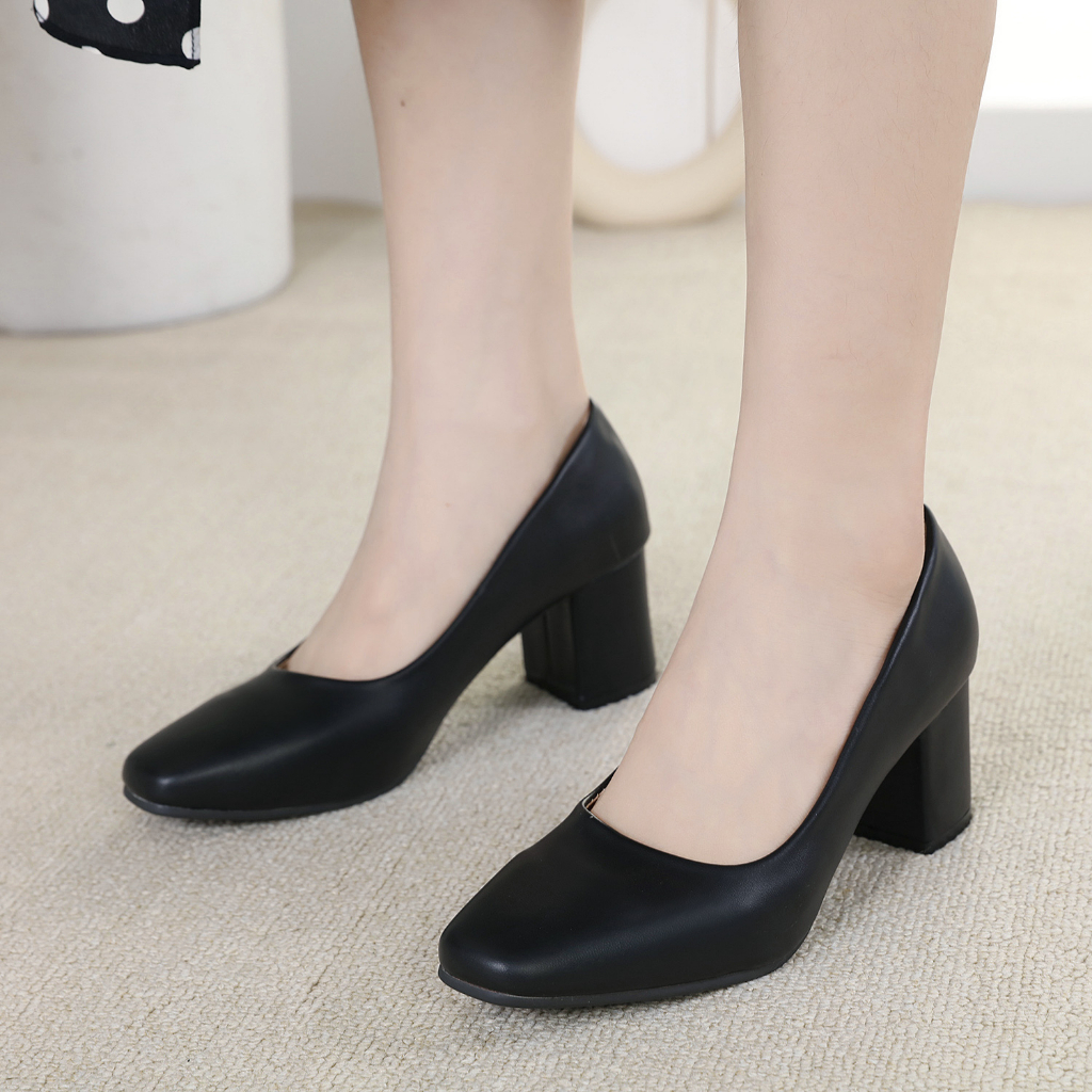「KAEVE」2 INCH square toe leather black heels for women KH-48A | Shopee ...