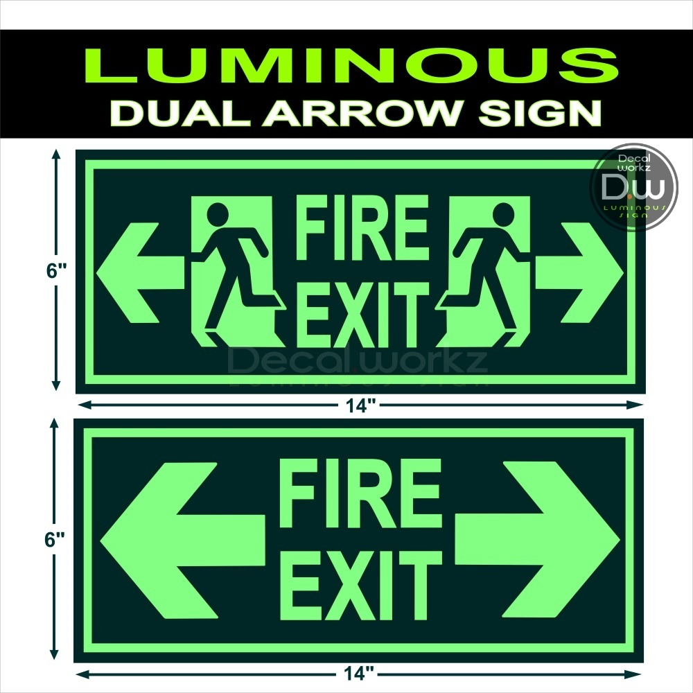 Fire Exit Sign Dual Arrow Glow in the Dark Cut Out Luminous Sticker in ...