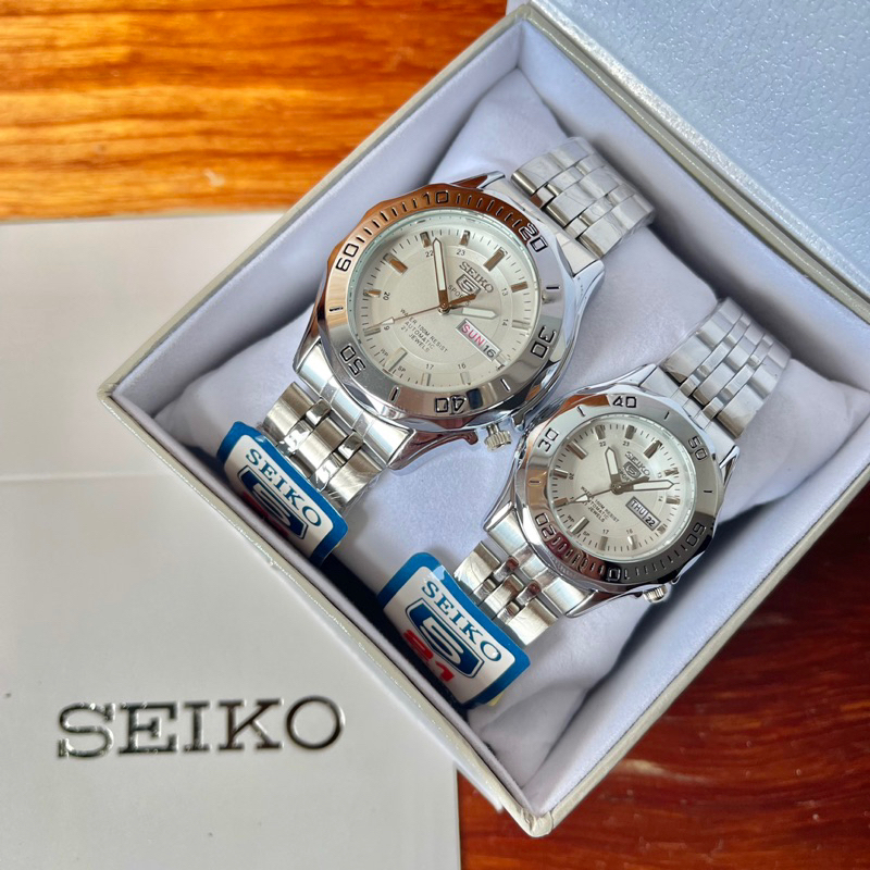NEW Seiko 5 Silver Automatic Hand Japan Movement Watch Couple with Day ...