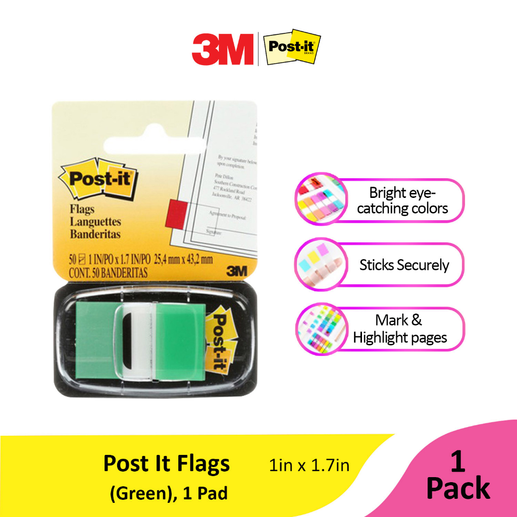 3M Post-It Flags, 1X1.7IN, 50FL/PD, 36/CV 680-3 Green [MP6803] | Shopee ...