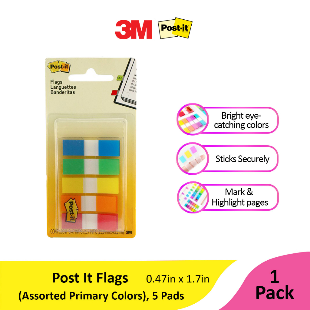 3M Post-it Flags Assorted Primary Colors, 100 Flags, .47INx1.7IN 683 ...