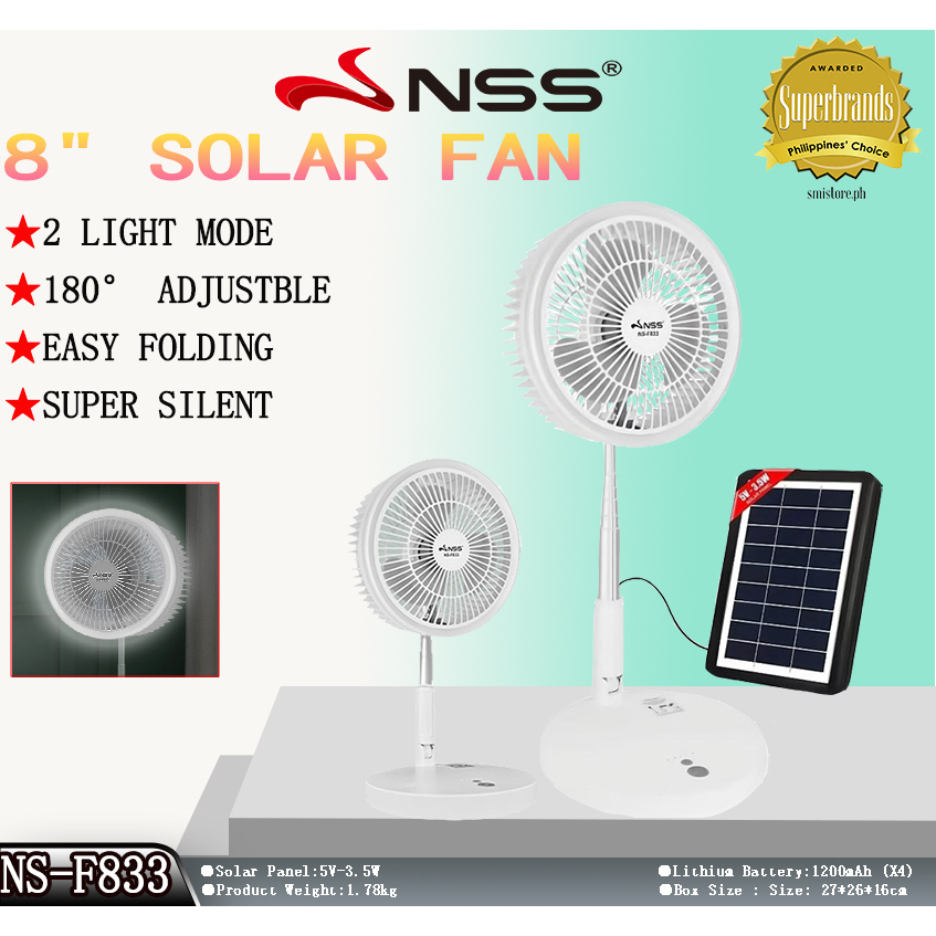 NSS Solar Fan 8" Foldable Desk Fan USB LED Rechargeable Folded Floor ...
