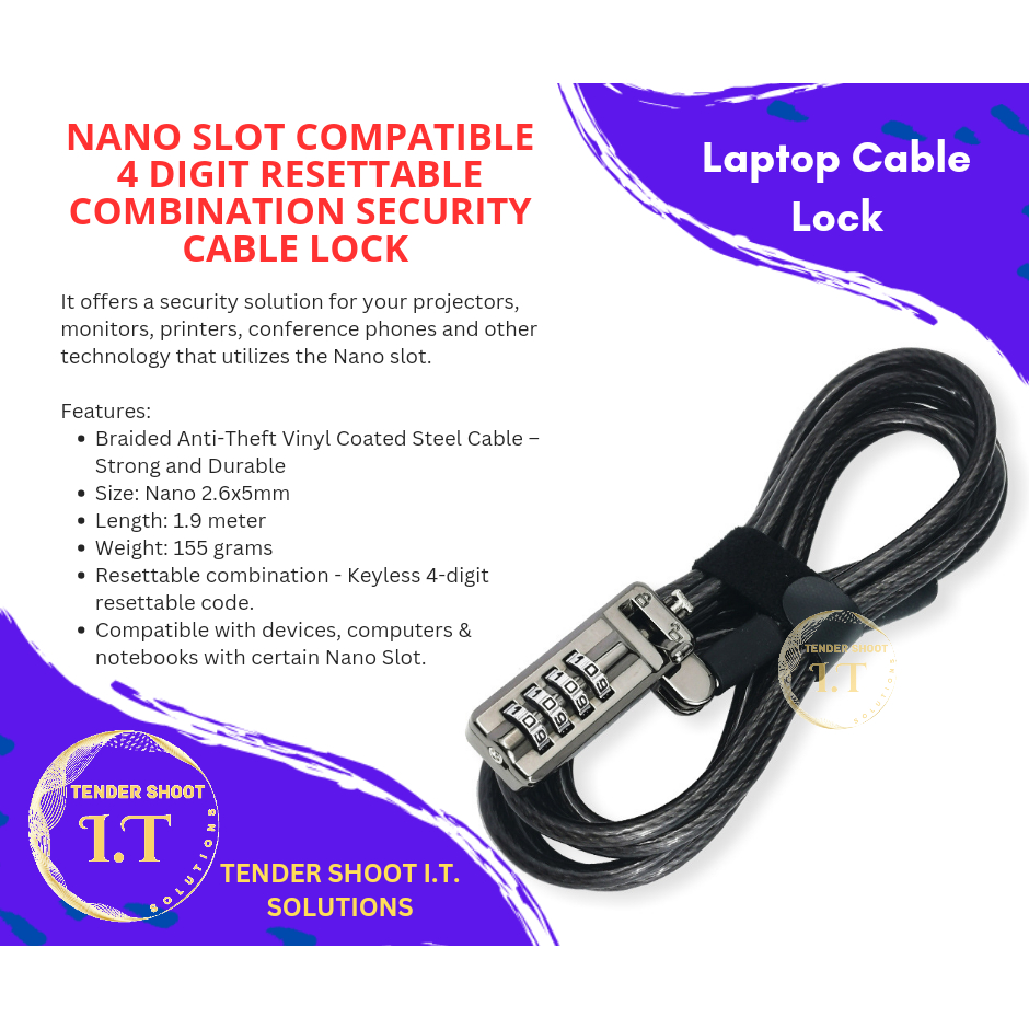 Laptop Cable Lock - Nano Slot Compatible 4 Digit Combination Security ...