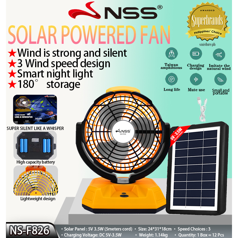 NSS Solar Fan 8 Inch Portable Fan with panel Rechargeable Electric Fan ...