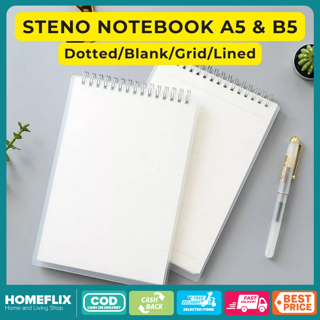 Homeflix Steno Notebook A5/B5 Dotted/Blank/Grid/Lined Page With Clear ...