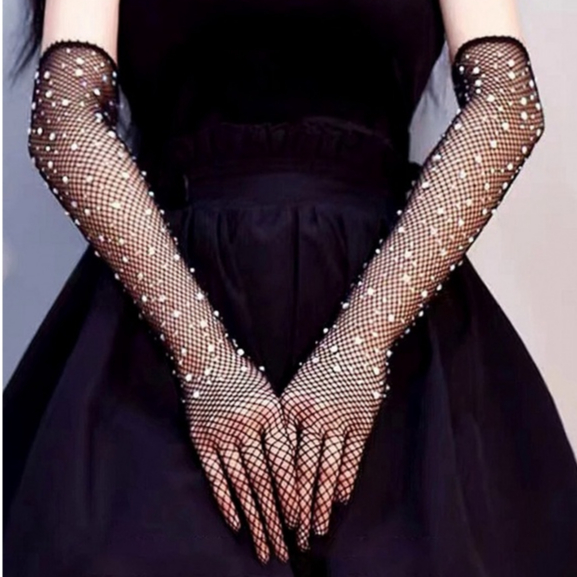 Long Hollow Shining Rhinestones Fishnet Gloves Sexy Elastic Diamonds ...