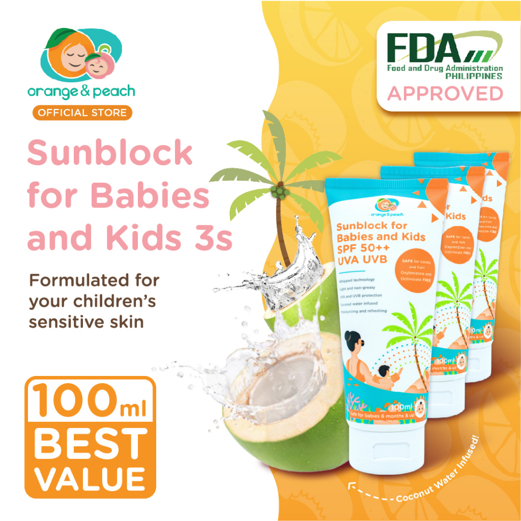 3pc. Orange and Peach Mineral Sunblock for Babies and Kids SPF50++ UVA ...