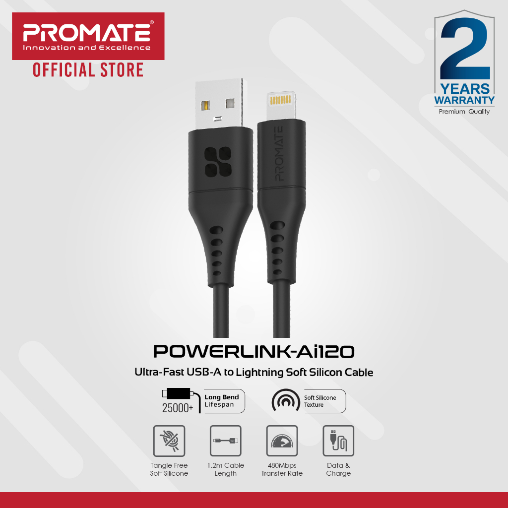 Promate PowerLink-Ai120 Ultra-Fast USB-A to Lightning Soft Silicon ...