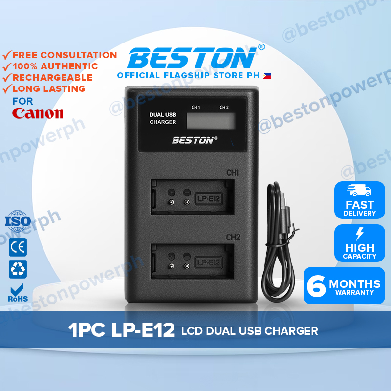 Beston LP-E12 LCD Dual USB Charger with cable (Micro USB Type-C) for Canon Camera Batteries ...