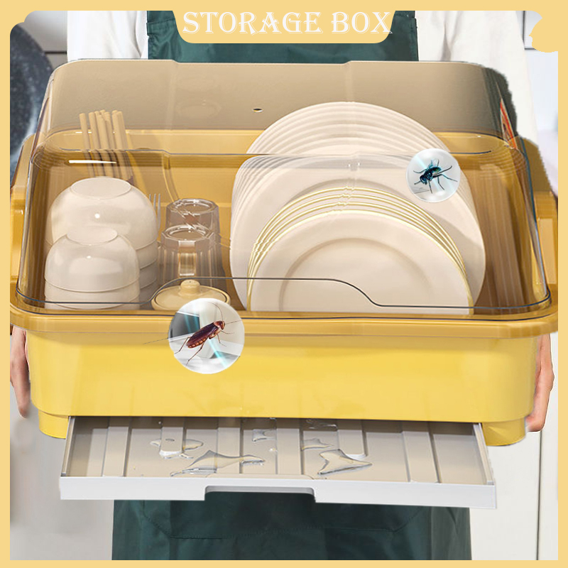 Drain Dish Rack Kitchen Storage Racks With Cover Dustproof Plate Bowl ...