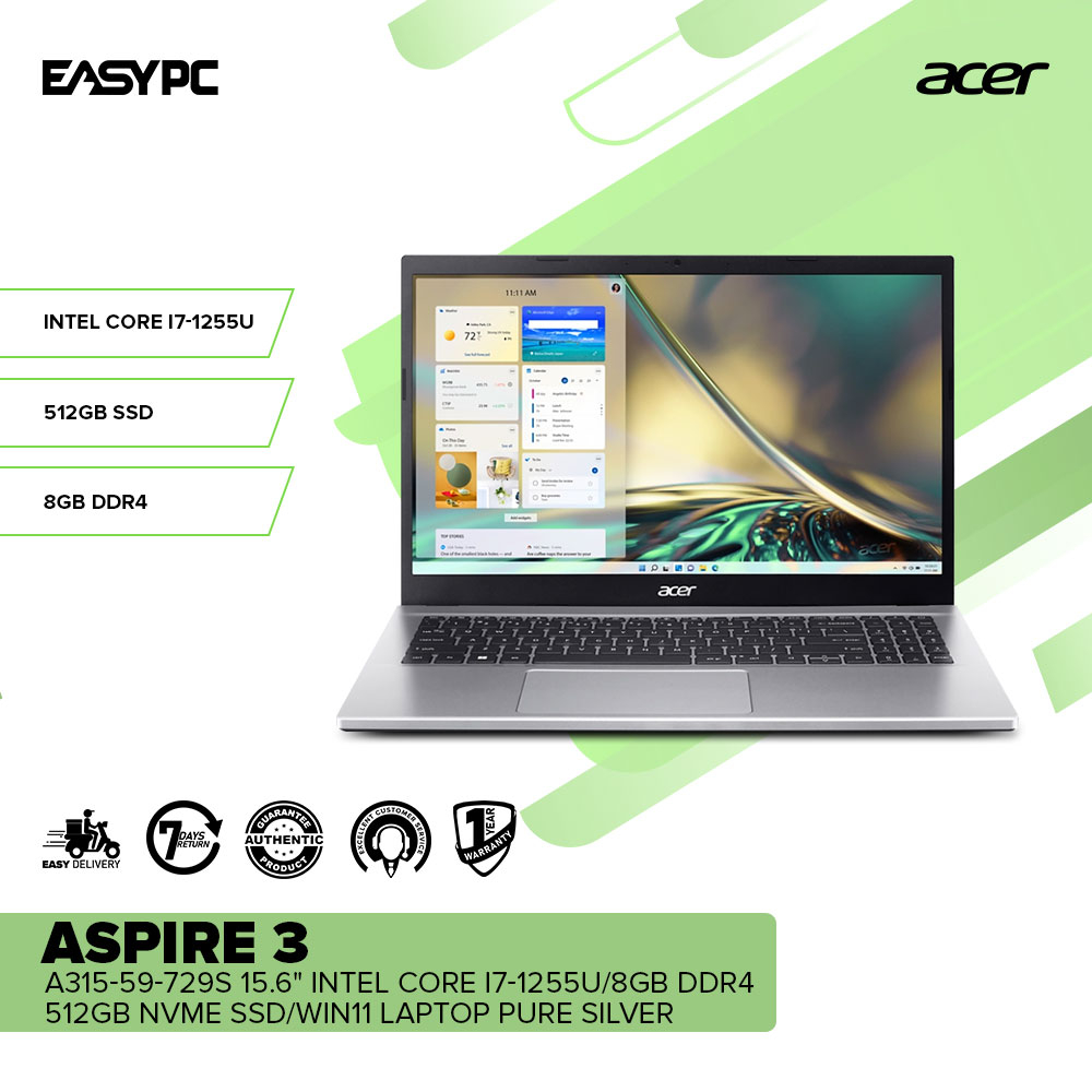 EasyPC| Acer Aspire 3 A315-59-729S 15.6" Intel Core i7-1255U NVMe SSD Laptop| Pure Silver ...