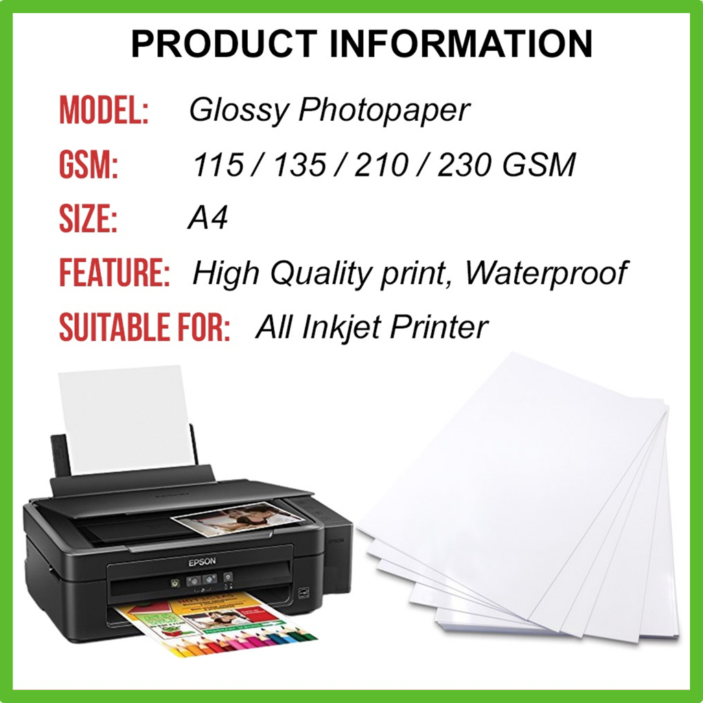 Yasen Glossy Photo Paper 115gsm-230gsm No Back Print A4 Size Photopaper ...