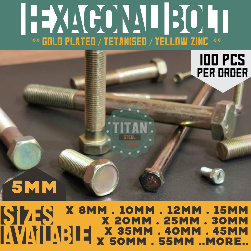 100pcs - 5mm m5 Hex Bolt (Gold-Plated / Yellow Zinc / Tetanised ...