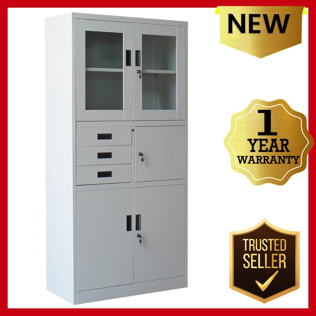 Swing Glass Steel Cabinet w/ 3 Side Drawers, 1 Swing Door (White ...