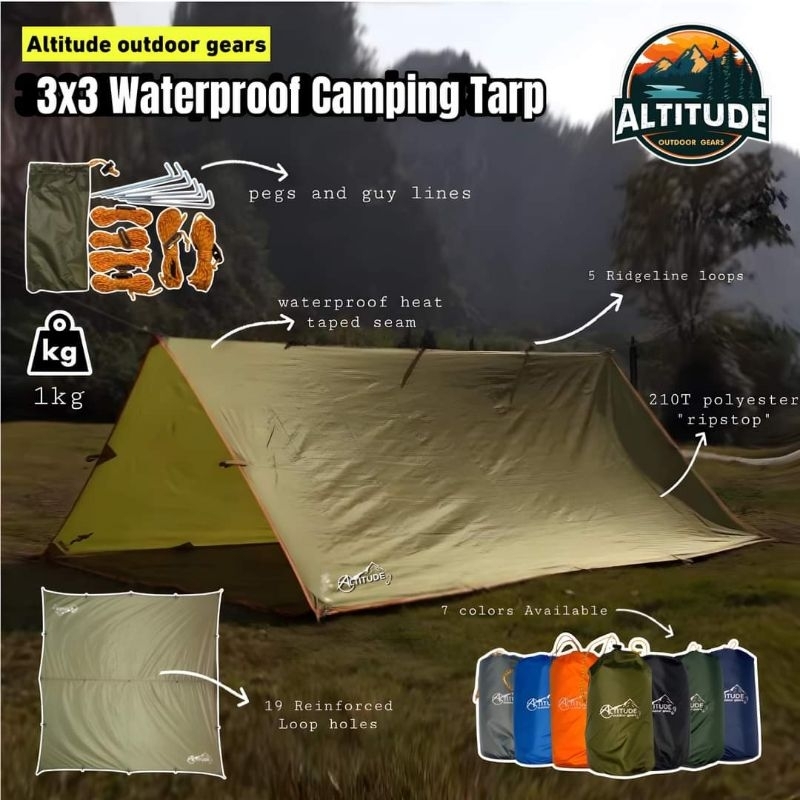 Altitude 3x3m Waterproof Camping Tarp Awning (210T polyester "ripstop ...