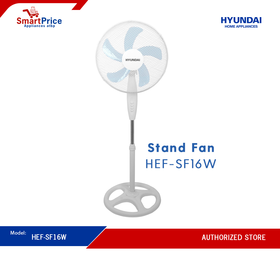 Hyundai HEF-SF16W 16" Stand Fan, 5 Leaves, Mesh Grill, Round Base ...