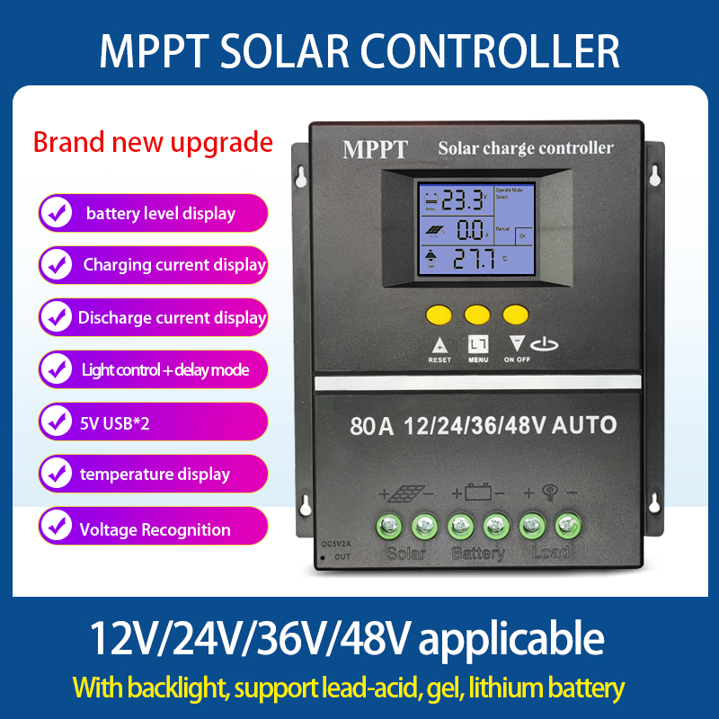 MPPT Solar Controller 30A/ 60A/80A/100A 12V 24V 36V 48V with LCD Screen AUTO Battery Charger ...