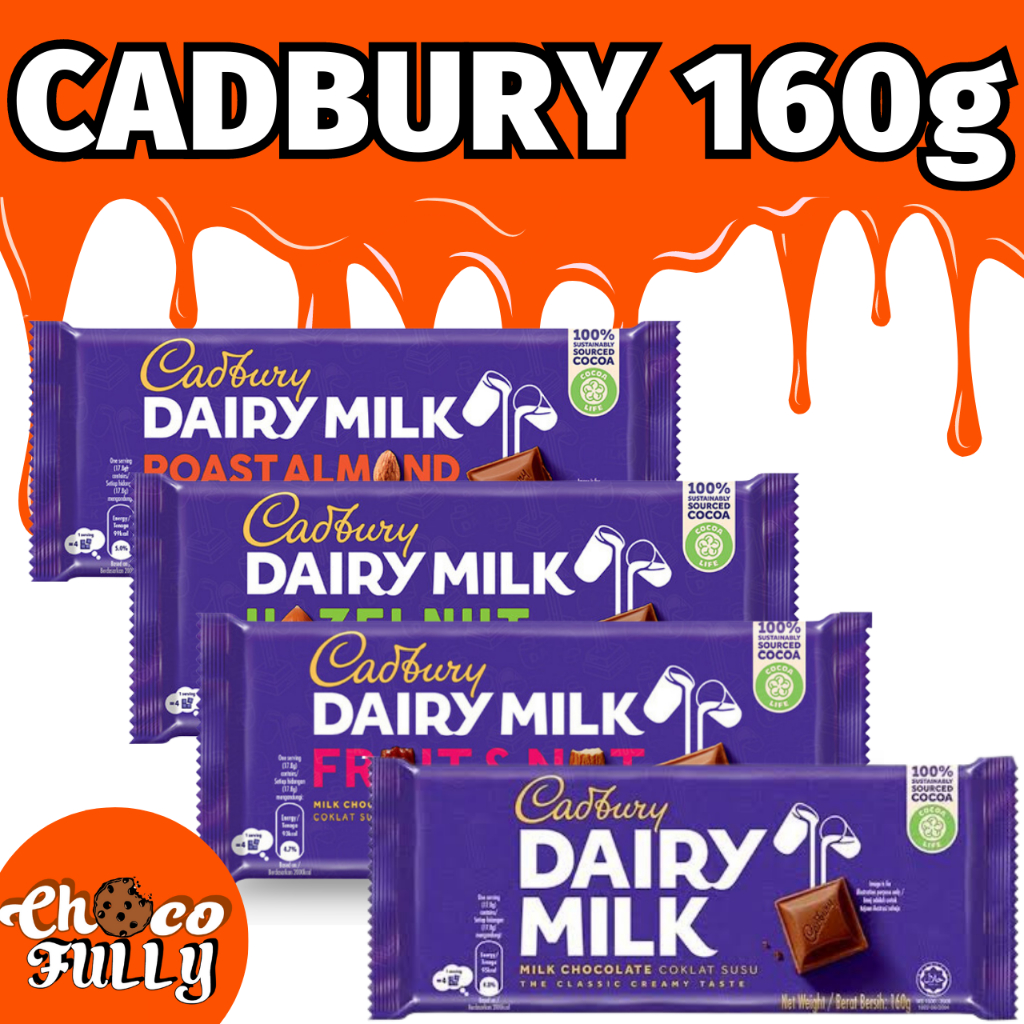 Cadbury Dairy 160g - Milk, Roast Almond, Hazelnut, Fruit & Nut, Black ...
