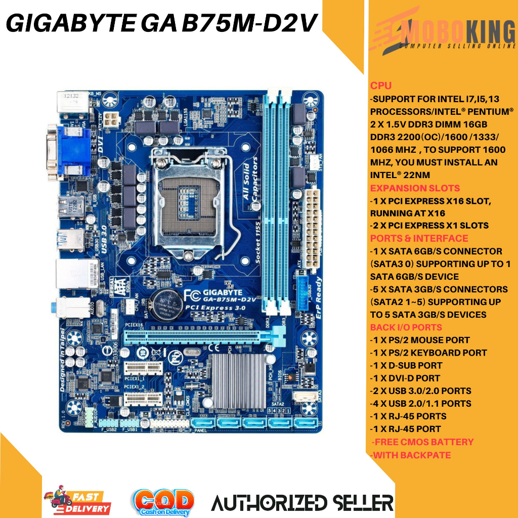 GIGABYTE GA B75M-D2V Desktop 3 GEN Motherboard B75 Socket LGA 1155 i3 ...