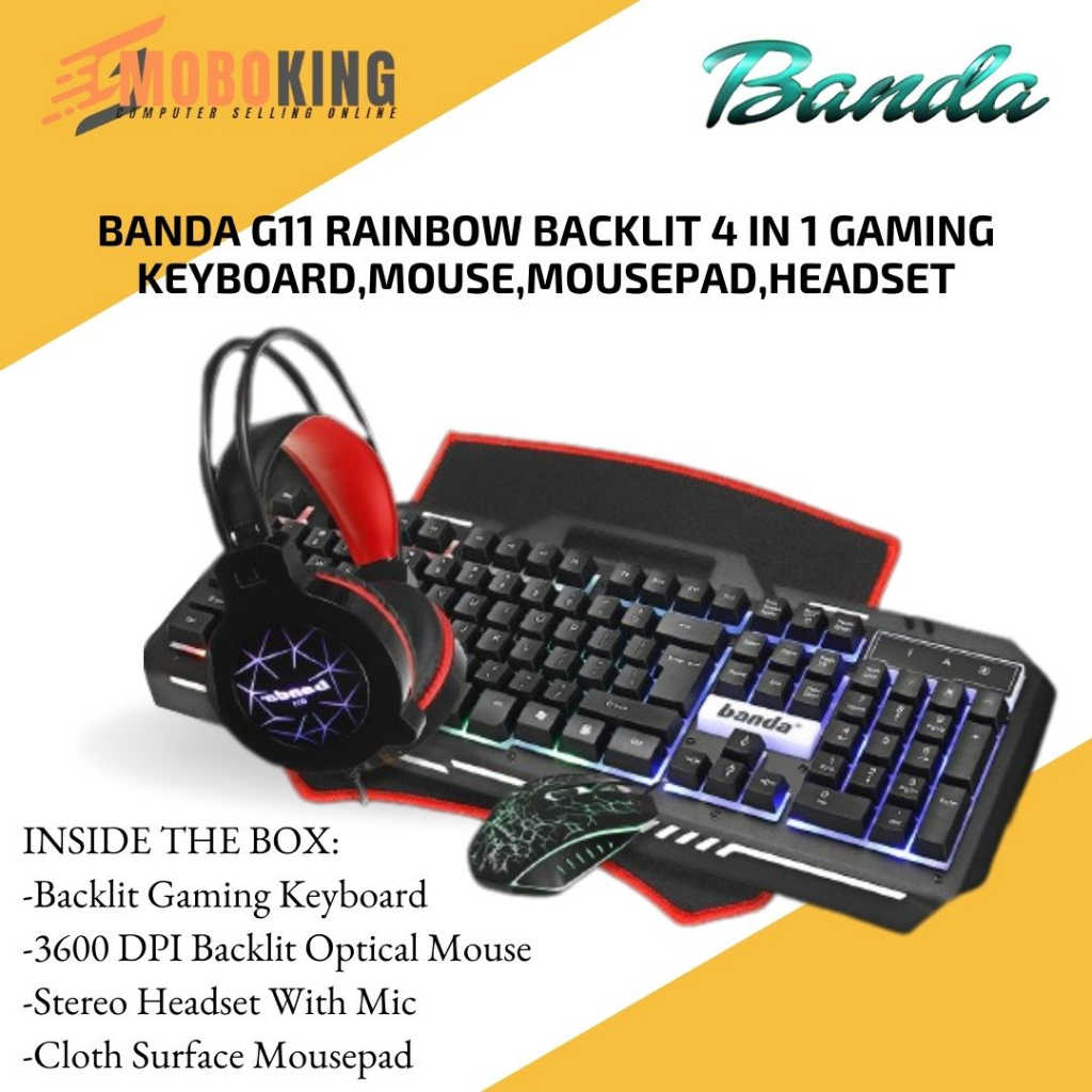 BANDA G11 RAINBOW BACKLIT 4 IN 1 STARTER KIT KEYBOARD, MOUSE, MOUSE PAD, HEADSET COMBO BRAND NEW ...