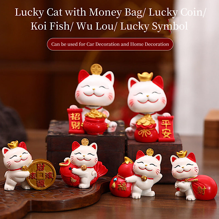 Fengshui Lucky Cat Fortune Cat with Money Bag Lucky Coin Koi Fish Wu ...