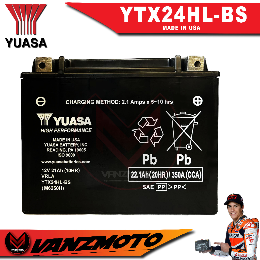 "Yuasa YTX24HL-BS M7250H, M6250H, MBTX24U, TX24HL, CTX24HL-BS AGM Motorcycle Battery (USA) 12v ...