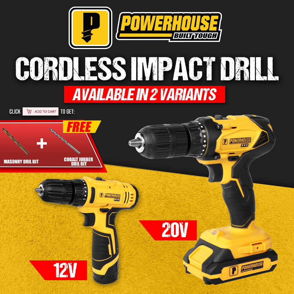 POWERHOUSE Cordless Impact Drill w/ hammer effect 12V 1.5Ah/20V 2.0Ah ...