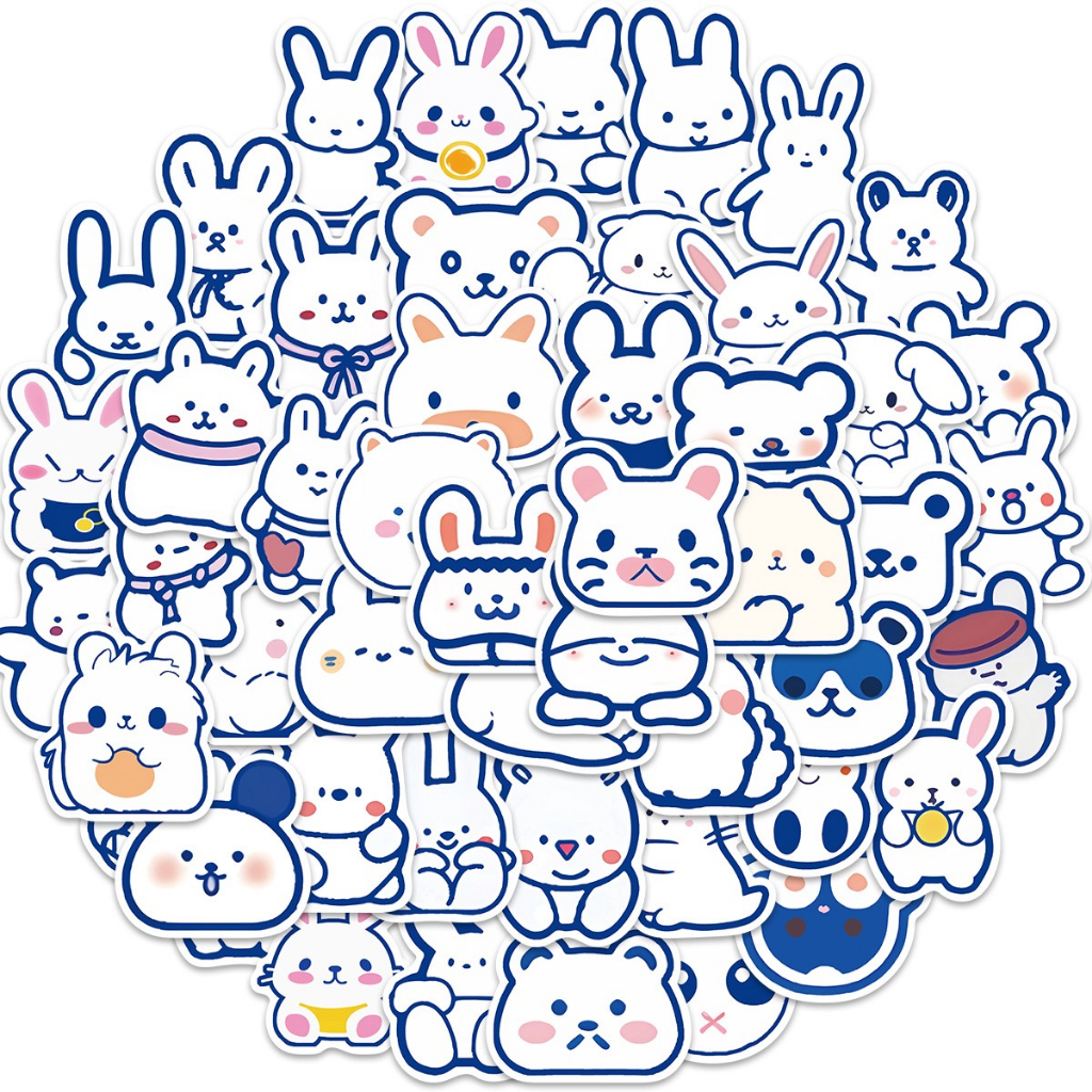 50Pcs Cute Cartoon Blue Animal Stickers Minimalist Graffiti Sticker DIY ...