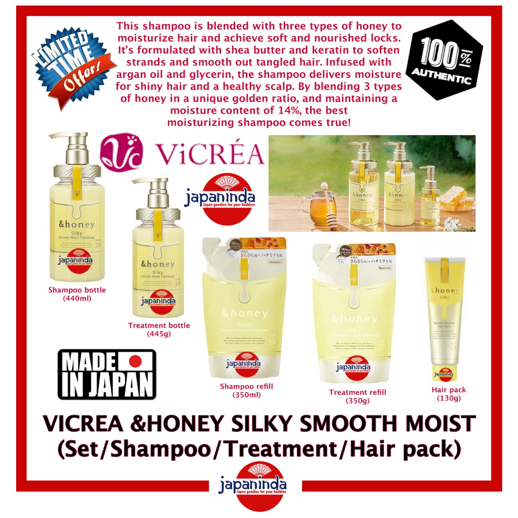 VICREA &HONEY SILKY SMOOTH MOIST (Set/Shampoo/Treatment/Hair pack) 100% Authentic/Made in Japan ...