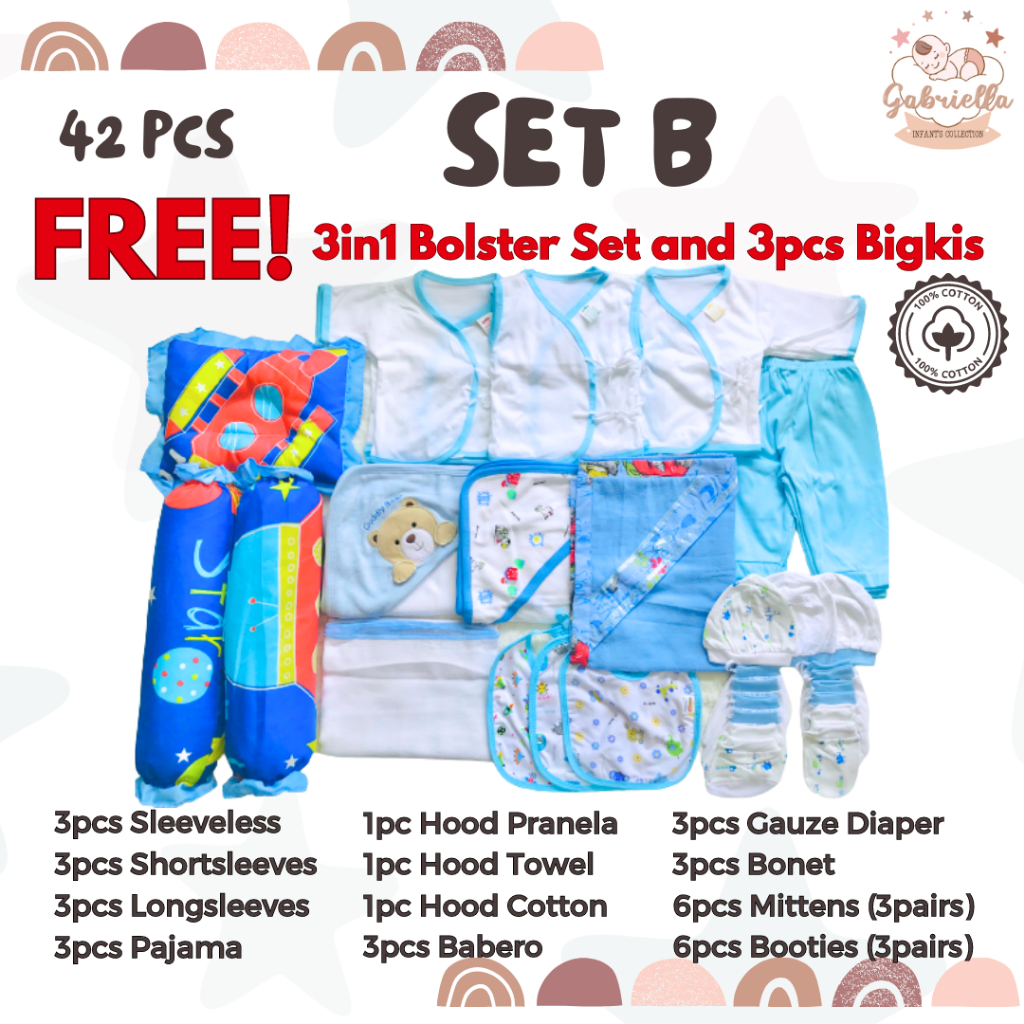 39pcs Pure Cotton Set B with Free 3in1 Bolster Set Newborn Infant Baby ...
